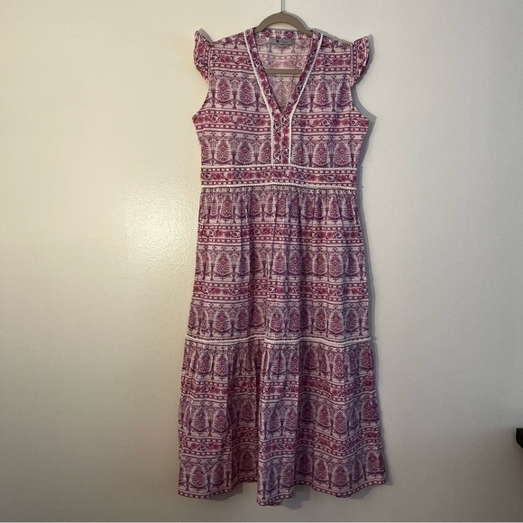 Bindu | Dresses | Bindu Allana Tiered Midi Dress W Ruffles Mini Pom ...